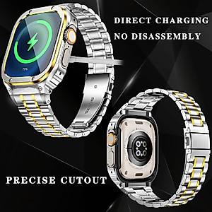 HASLFM Stainless Steel Watch Band with Case Compatible with Apple Watch Ultra/Ultra 2(49mm),Metal Strap and Rugged Protective Cover for iWatch Bands Cases Men, Silver/Gold