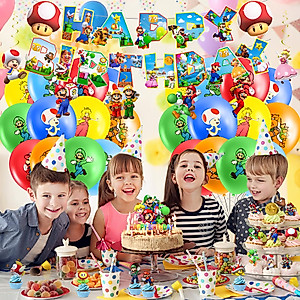 49 PCS Marrio Birthday Party Decorations, Marrio Birthday Decorations for Boys Girls, Cute Marrio Party Supplies for Kids with Birthday Banner, Balloons, Cake Toppers, Hanging swirls