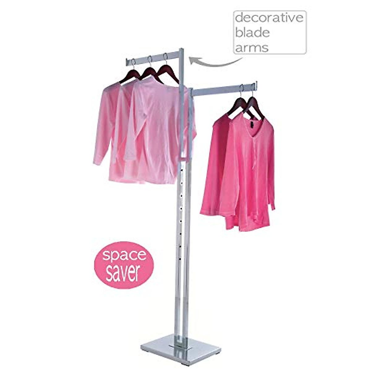 Only Garment Racks #2262 Two Way Rack with Blade Arms Only Garment Racks - Clothing Rack - Heavy Duty Chrome - 2 Way Clothes Rack, Adjustable Height Decorative Blade Arms, Perfect for Retail Clothing Store Display - (2) Rectangular Tubing Blade Arms