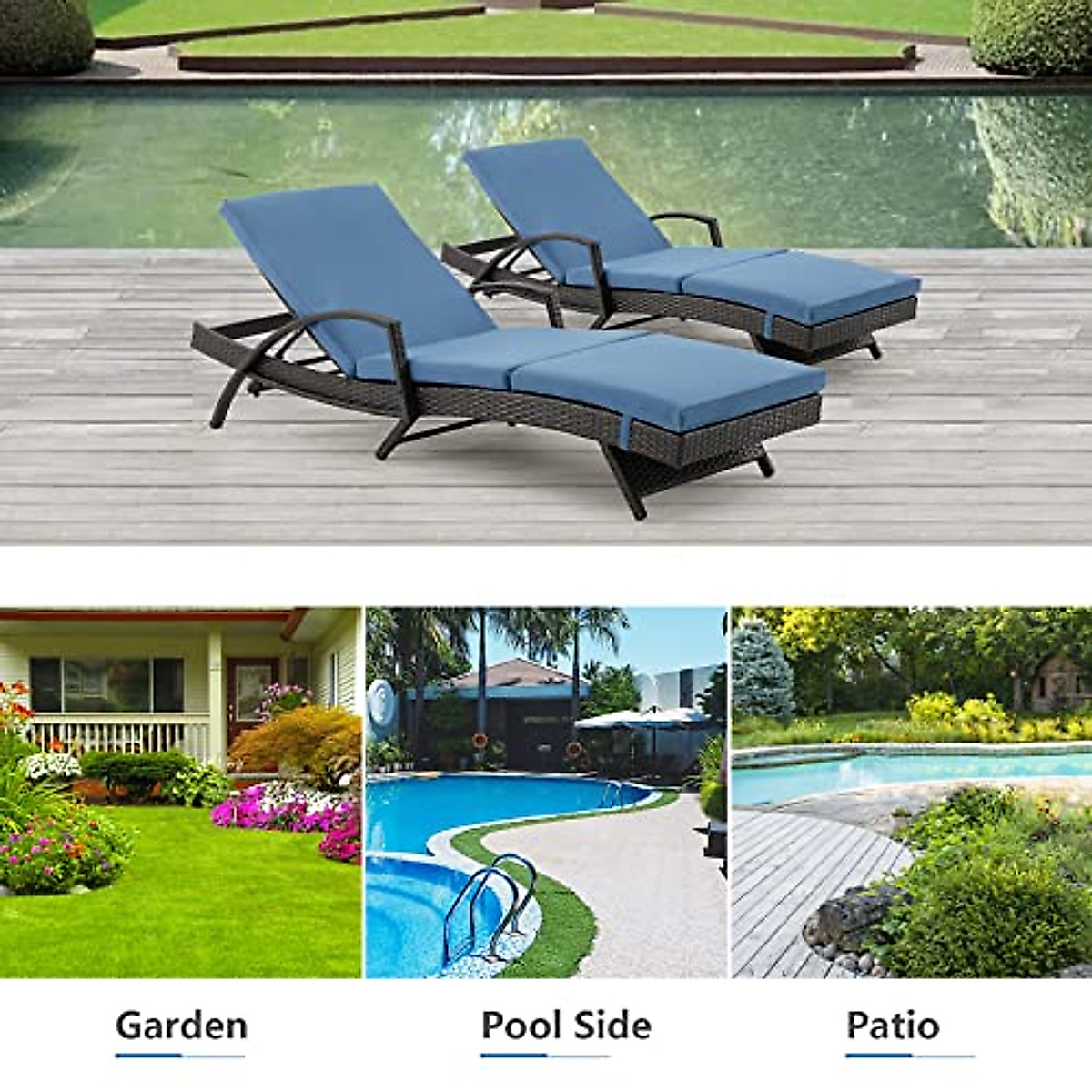 GYUTEI Patio Lounge Chair Rattan Chaise Lounge Chair with Adjustable Backrest Thickened Cushion,PE Rattan Steel Frame Outdoor Reclining Chaise for Patio Backyard Porch Garden Poolside(Light Blue)