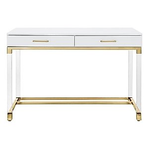 Posh Briar 2-Drawer Metal Writing Desk with Acrylic Legs in White/Gold