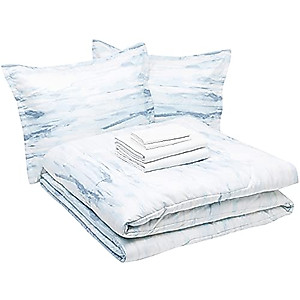 Amazon Basics Ultra-Soft Microfiber Bed-In-A-Bag 8 Piece Comforter Bedding Set, Queen, Blue Watercolor, Striped