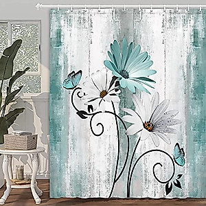 VeiVian Rustic Farmhouse Shower Curtain, Farm Teal Daisy Floral Flowers and Butterfly on Country Wooden Shower Curtain for Bathroom, Turquoise Blue Bathroom Shower Curtains with 12PCS Hooks, 70X70IN