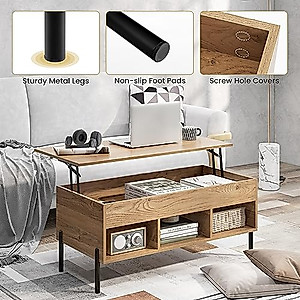 Tangkula Lift Top Coffee Table with Metal Legs, Rising Center Table w/Hidden Compartment & 3 Open Cubbies, Multifunctional Wood Dining Working Table for Living Room Reception Room (Natural)