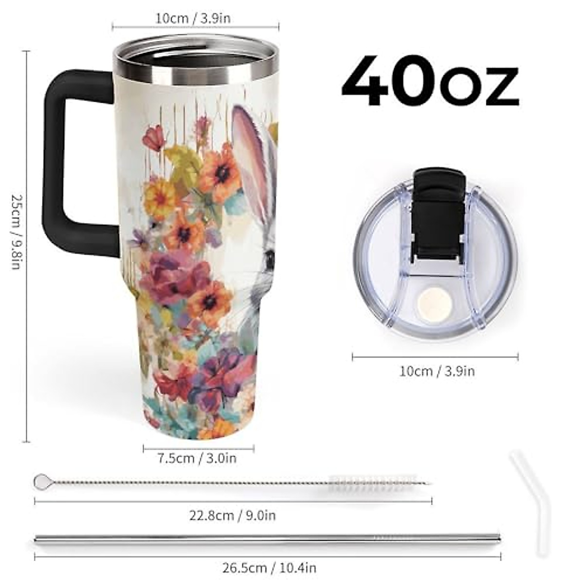 40 Oz Vacuum Tumbler with Black Handle Leakproof Insulated Tumbler Watercolor Rabbit And Flowers Stainless Steel Travel Mug with Lid And Straw Coffee Cup Cute Water Bottles Cup Holder Friendly