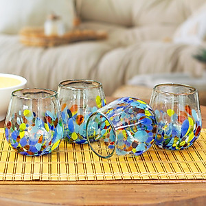 NOVICA Artisan Handblown Recycled Ecofriendly Stemless Wine Glasses Vibrant from Mexico Multicolor Clear Tableware Drinkware 'Confetti Gala' (Set of 4)