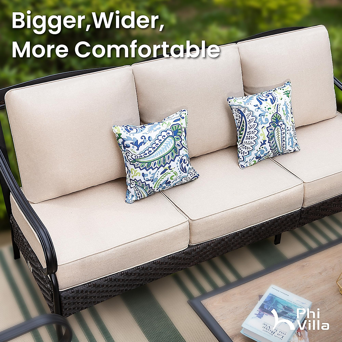 PHI VILLA Patio Furniture Set, 5 Pieces Outdoor Metal Wicker Conversation Sofa Set for Backyard w/Coffee Table, Seat Cushions