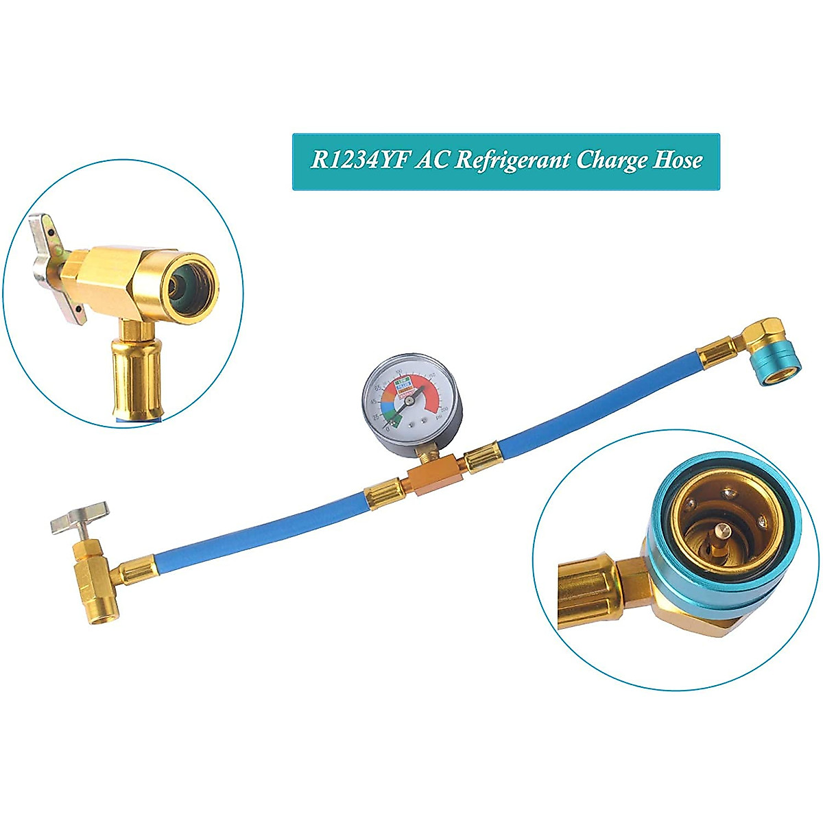 R1234YF Refrigerant Charge Hose Kit, R-1234YF AC refrigerant Can Hose with Gauge, 1/2 LH Can Opener Tap And R1234YF Low Side Adapter