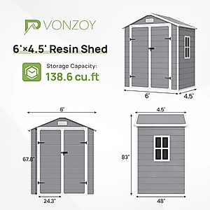 VONZOY Outdoor Resin Storage Shed, 6x4.5FT Plastic Storage Sheds with Floor, Lockable Door, Window, Waterproof Tool Sheds & Outdoor Storage Outside for Bike, Garbage Can,Garden, Grey White