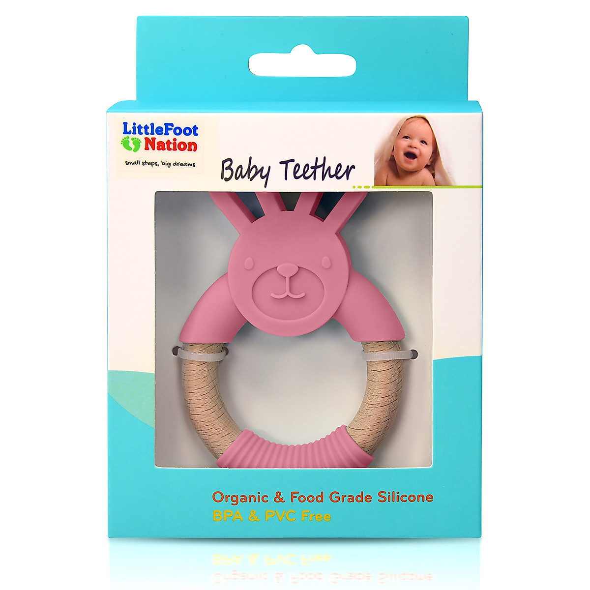 LittleFoot Nation Organic & Natural Bunny Rabbit Baby Teether Ring, 100% BPA Free Pure Food Grade Silicone & Beech Wood, Teething Pain Relief Toy for Toddlers & Infants (Pink)