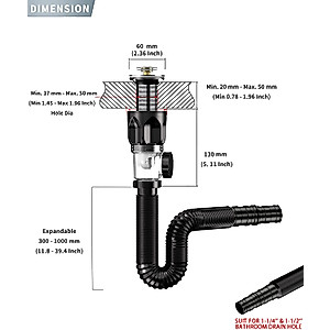 Bathroom-Sink-Drain-Kit: Flex-drain Kit with Flexible & Expandable P-trap Sink Drain Pipe, Snappy Trap with Built-in Anti-clogging Stopper, for 1-1/4'' & 1-1/2'' Drain Hole, RV Sink Drain
