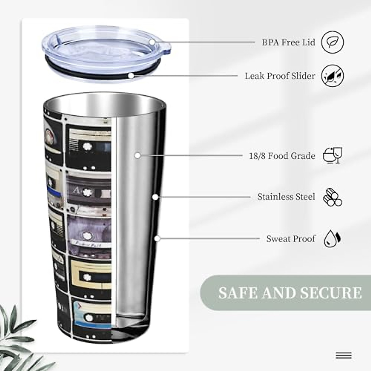 20oz Insulated Tumblers with Lids and Straws Retro Cassette Tape Stainless Steel Coffee Tumbler Cup Double Wall Vacuum Travel Coffee Mugs for Home, Office, Outdoor