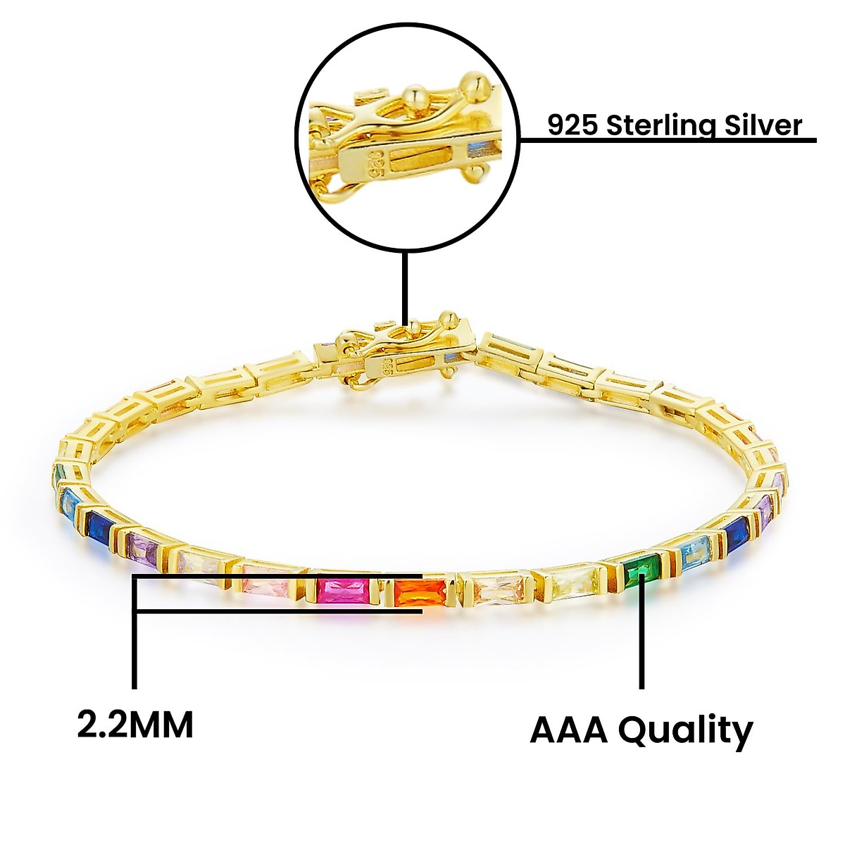 AFFY 14k Yellow Gold Plated 925 Sterling Silver Colourful Bar Setting Rainbow Baguette Sparkling Multi Color Sapphire Gemstone Tennis Bracelet, Jewelry for womens - 6.5" L
