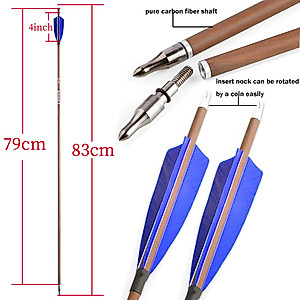 ZSHJGJR 31" Archery Carbon Arrows Spine 340 400 500 600 Hunting Arrows with Removable Tips Natural Feather Targeting Arrows for Compound & Recurve & Traditional Bow 6/12pcs (Spine 340, blue, 12)