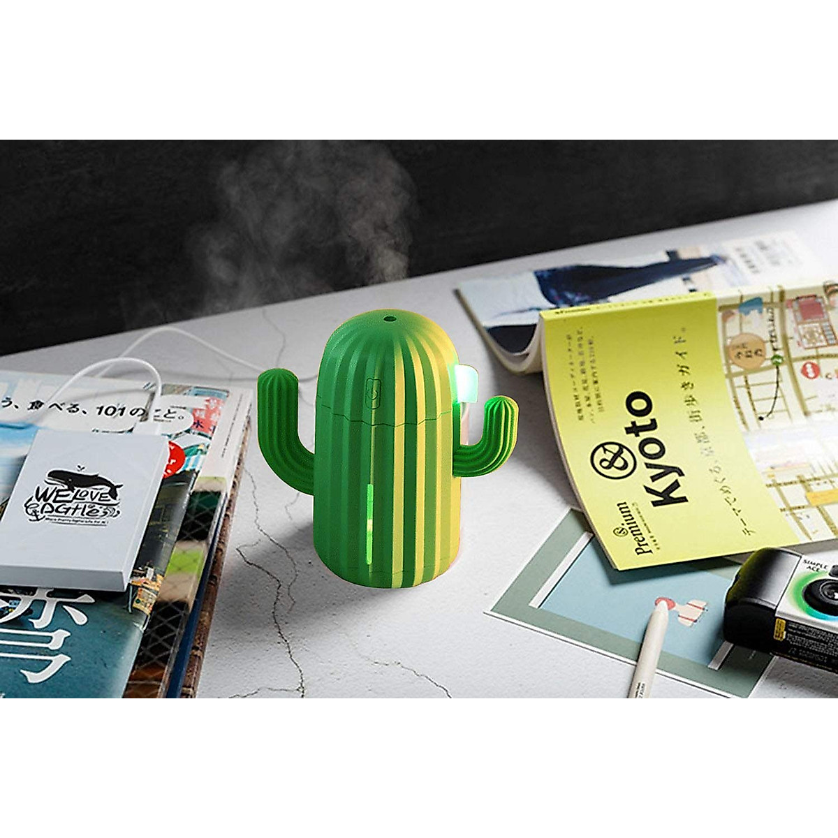 YINGJEE Mini Humidifier Single Room Humidifiers with Night Light Portable Cactus Air humidifier for for Yoga, Office, spa, Bedroom，Baby Room，Silica Gel Diffuser for tap Water only(Green)