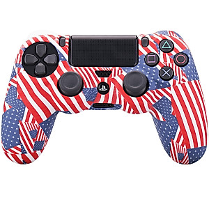 YoRHa Water Transfer Printing Camouflage Silicone Cover Skin Case for Sony PS4/slim/Pro Dualshock 4 Controller x 2(US Flag+US Dollar) with Pro Thumb Grips x 8