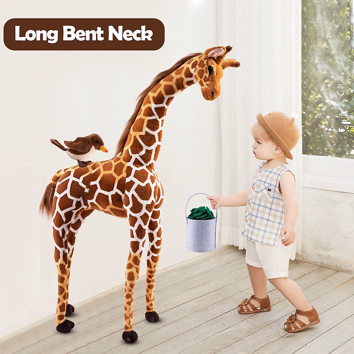 BRINJOY Giant Giraffe Stuffed Animal Set, 47 Inch Large Plush Giraffe Toy with Bird&Basket&Leaves&Card, Big Lifelike Standing Giraffe for Girls Boys