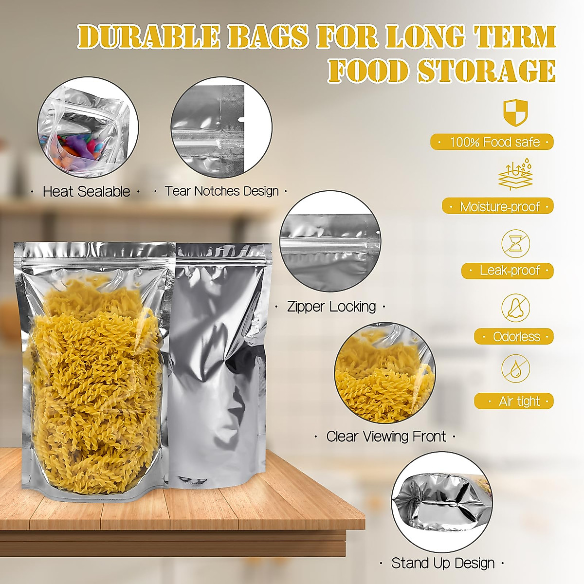 100PCS Resealable Mylar Bags for Food Storage, 5.9'' x 8.7'' Smell Proof Ziplock Bags Freestanding, Aluminum Foil Packaging Pouches Bag for Cookies, Nuts, Tea, Candy - 6.3 Mil