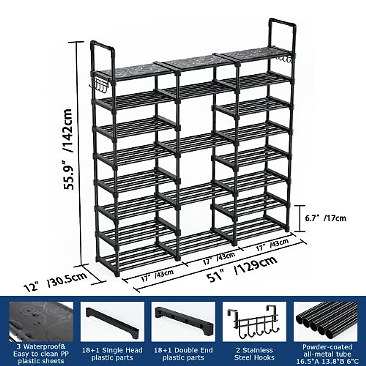 Mavivegue Metal Shoe Rack Organizer，8 Tiers Tall Shoe Shelf Storage，40-45 Pairs Vertical Large Boot Rack,Stackable Shoe Racks for Entryway, Closet, Garage, Bedroom,Cloakroom -Black