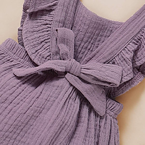 YOUNGER TREE Toddler Baby Girl Ruffled Sleeveless Romper Casual Summer Jumpsuit Cotton Linen Clothes (Light Purple, 12-18 Months)
