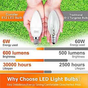 comzler E12 Led Bulb, Small LED Candelabra Bulbs 60W Equivalent, Warm White 2700K Ceiling Fan Light Bulbs, Type B Shape Chandelier , Pack of 6, Non-Dimmable