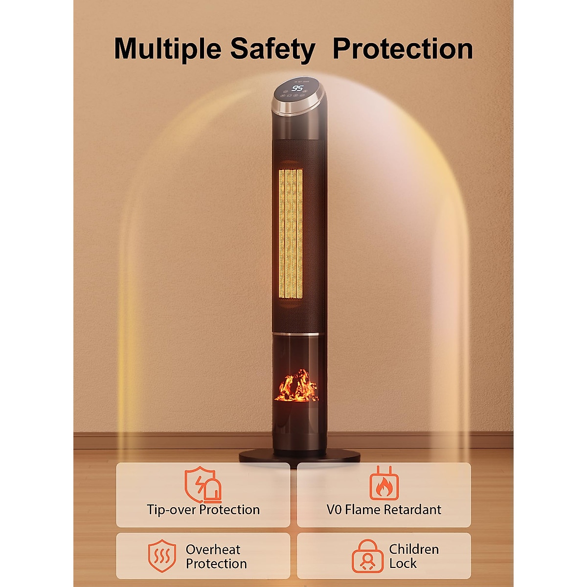 38'' Space Heater, Portable Electric Heater for Indoor Use, 1500W Ceramic Tower Heater with 3D Flame Effect, Adjustable Thermostat, 80° Oscillation, Safety Protection for Office Bedroom Home (Black)