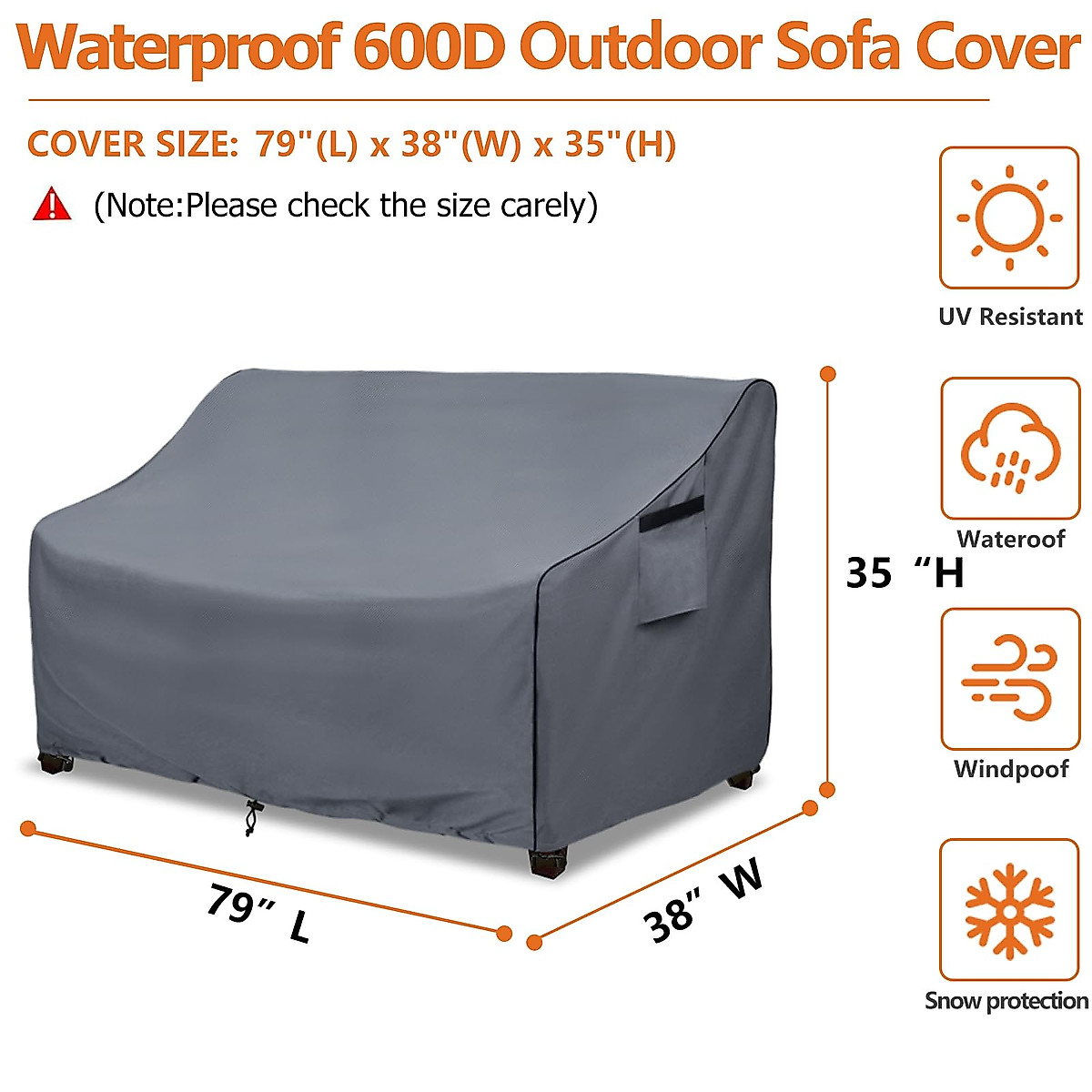 Dalema Outdoor 3-Seater Loveseat Cover,600D Heavy Duty 100% Waterproof Patio Sofa Cover,Furniture Covers for Sofa and Loveseat,79W x 38.5D x 35H Inches,Grey.