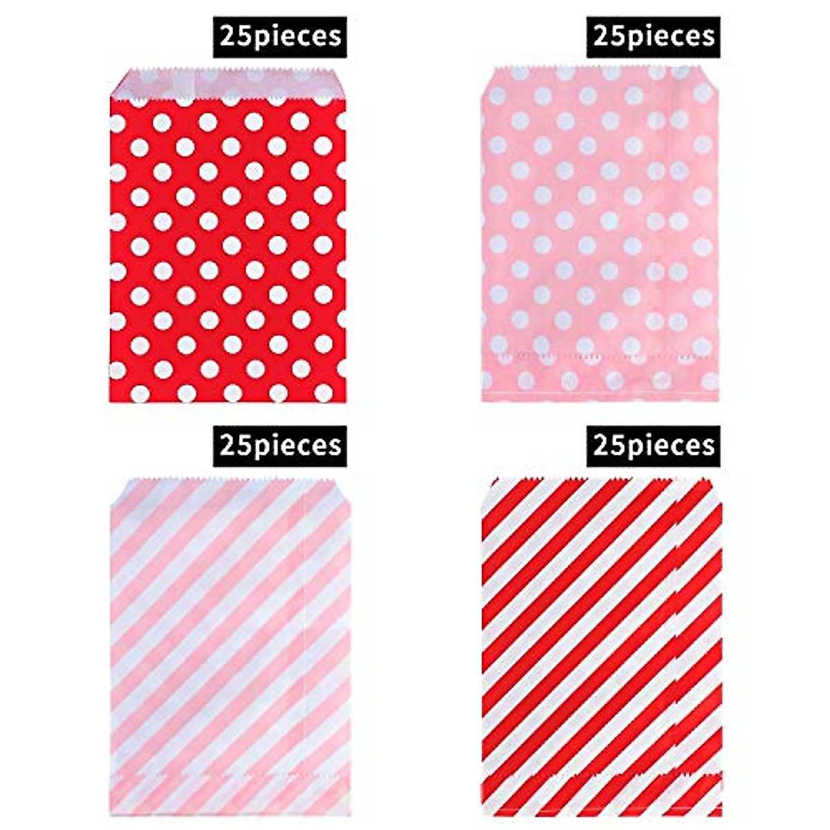 Kolewo4ever 100 pieces Valentines Treat Bags Buffet Paper Bags Party Favor Goody Bags Gift Bags Red Pink Striped Dot Candy Bags for Valentines Wedding parties