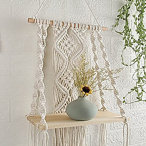 JnnRain Macrame Shelf Macrame Wall Hanging Shelf Beige Macrame Hanging Shelves White Macrame Wall Shelf Decor Plants Wall Shelf Home Decor
