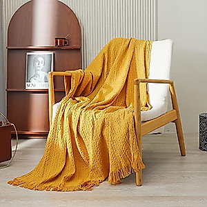 Simple&Opulence 100% Cotton Throw Blanket for Couch, Bed, Waffle Weave Knit Blanket with Tassels, Soft Lightweight Pre-Washed Breathable Cozy Blanket Farmhouse Decoration for All-Season (Gold Yellow)