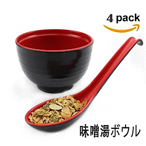 [Set of 4] 味噌湯ボウル Japanese Large Melamine Noodle Soup Bowls and Spoons (Red and Black) Tableware