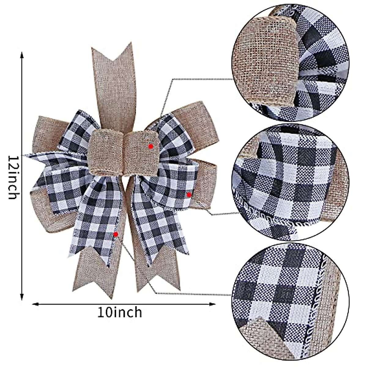 SIMISI RIBBON Christmas Buffalo Plaid Bow Burlap Black White Plaid Bows for Wreath Kitchen Decor 9.5 x 13 inch