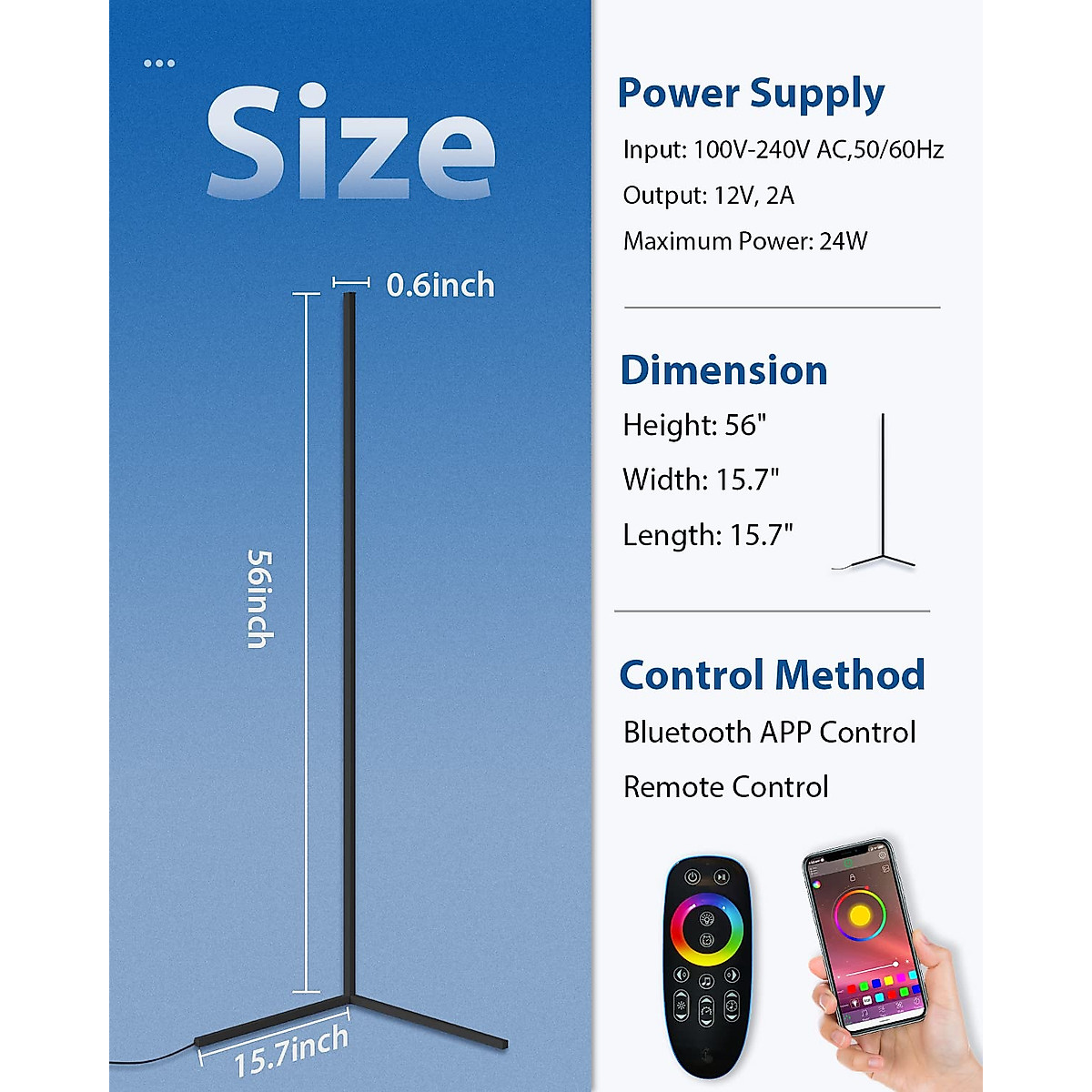 TACAHE Smart Corner Floor Lamp - Advanced Version, APP & Remote Control - Multi Lamp Pattern Sync - Transparent Lampshade with Ultra Brightness, Mood Light for Studio, Gaming Setup - 20W, Black