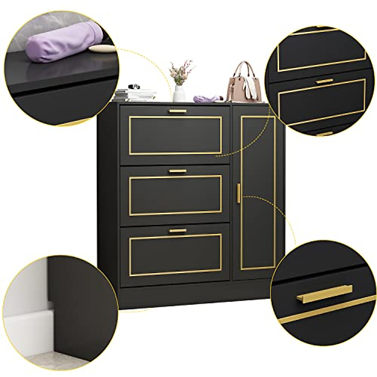 FUFU&GAGA Shoe Cabinet with 3 Flip Drawers & 1 Storage Cabinet, Modern Shoe Storage Cabinet for Entryway, Freestanding Shoe Rack Storage Organizer (Black, 47.2”W x 9.5”D x 47.2”H)