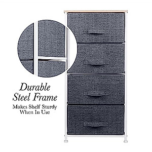 Simplify 4 Tier Vertical Storage Chest | Dresser | Nightstand | Fabric Drawers | Sturdy Steel Frame | Organizer | Bedroom | Closet | Easy to Assemble | Grey