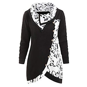 Fashion Women Solid Music Note Print Patchwork Long Sleeve T-Shirt Blouse Turtleneck Button Asymmetrical Hem Tops (Black) (L, Black)