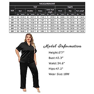 SWOMOG Womens Satin Plus Size Pajamas Silk Short Sleeve Pjs Sets Button Up Pajama with Ruffle Soft Loungewear Wedding PJs Black