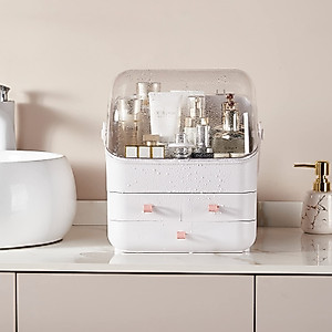 SUNFICON Makeup Organizer Holder Cosmetic Storage Box with Dust Free Cover Portable Handle,Fully Open Waterproof Lid, Dust Proof Drawers,Great for Bathroom Countertop Bedroom Dresser White
