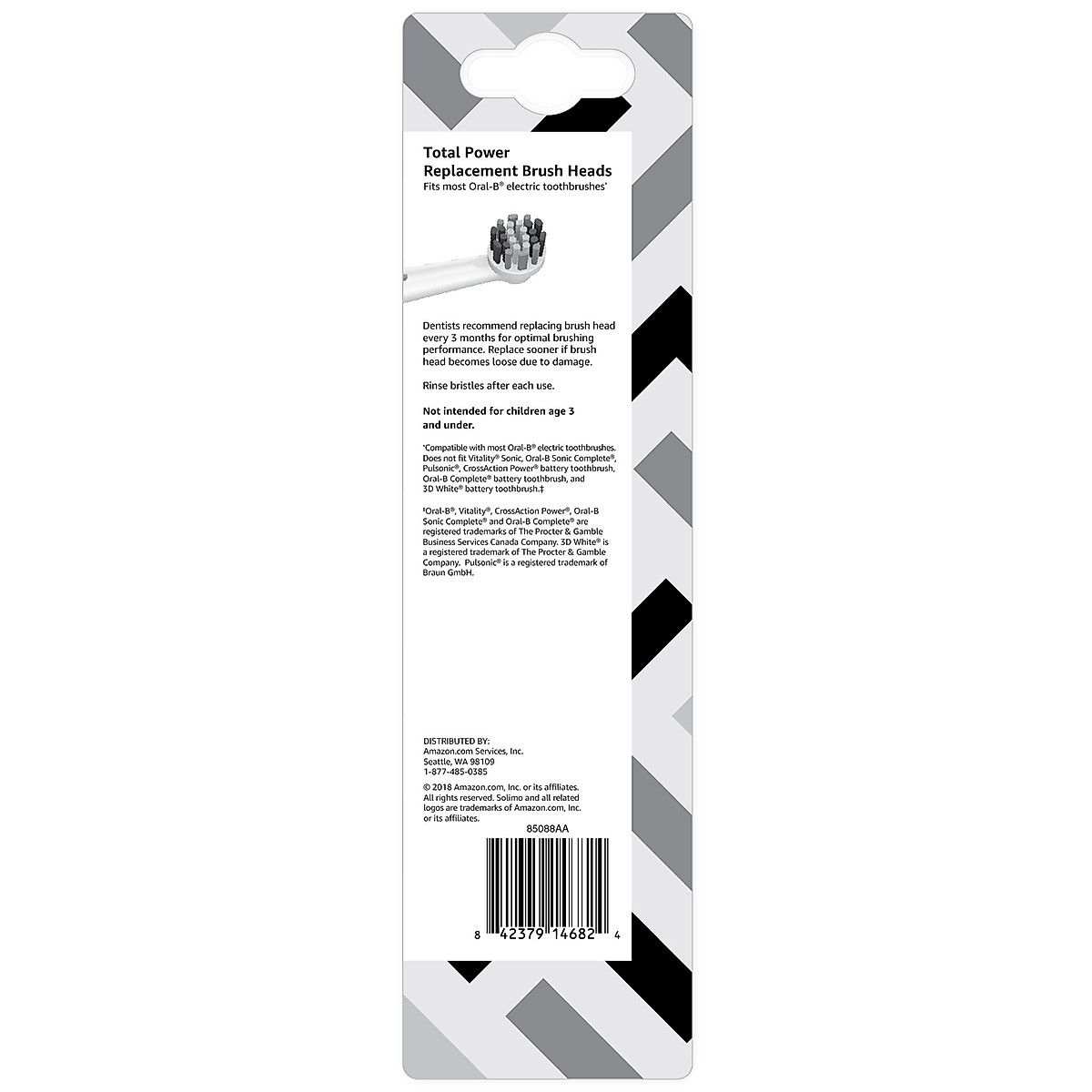 Amazon Brand - Solimo Total Power Replacement Brush Heads, 3 Count, White (Fits Most Oral-B Electric Toothbrushes)