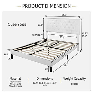 SHA CERLIN Queen Size Bed Frame with Button Tufted Headboard, Faux Leather Upholstered Mattress Foundation, Platform Bed Frame, Wooden Slat Support, No Box Spring Needed, White
