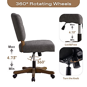 HUIMO Upholstered Swivel Desk Chair Chenille Tufted Fabric Home Office Chair with Wheels Adjustable Height Classic Task Chair with Wooden Legs Comfortable Armless Chair for Studio Study (Grey)