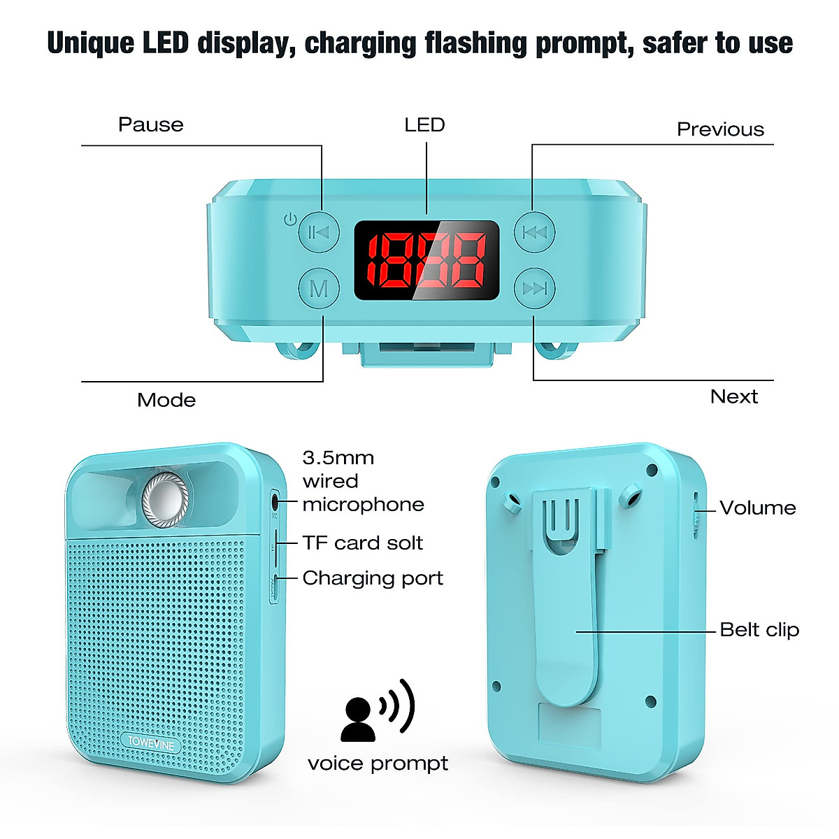 Voice Amplifier, Towevine Portable Rechargeable Microphone Speaker with Headset and Waistband for Teachers, Classroom, Singing, Coach, Training, Presentation, Tour Guide - Blue