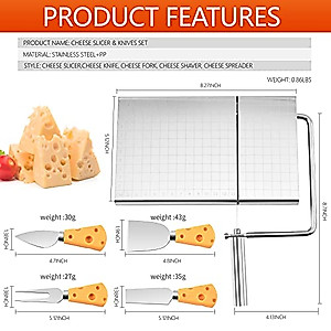 ISZW Cheese Slicer Knife Set, Cheese Slicer Cutter with Wire Food Cutter Precise Scale Board, 4 Cheese Knife Set Mini Butter Knife & Fork for Cutting Cheese Butter Vegetables Sausgae