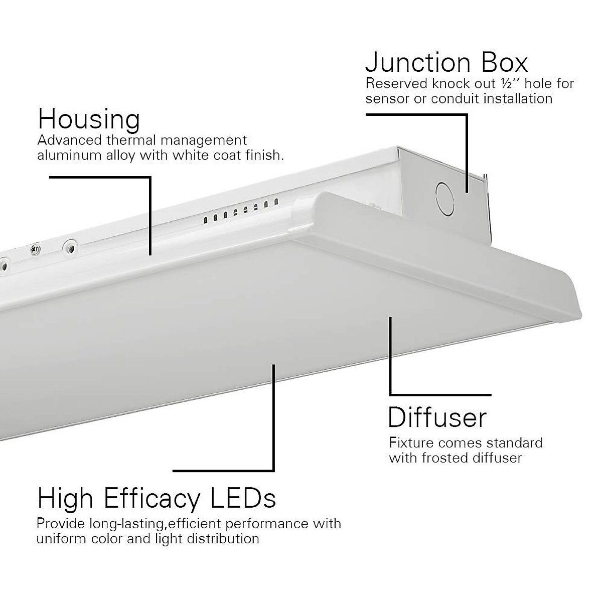 Konlite 4FT LED High Bay Light - Pack of 2-300W - 42000LM - 1-10V dimmable - 5000K - UL and DLC Listed - Replaces 8 Lamp Fluorescent T5 Fixture