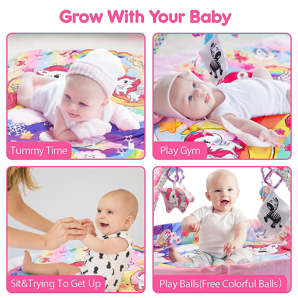 BATTOP Baby Activity Gym Play Mat,Tummy Time Mat Baby Gym with Sensory Rattle Toys&Tummy Time Pillow,for Sensory Motor Skill Development,Newborn Shower Gift