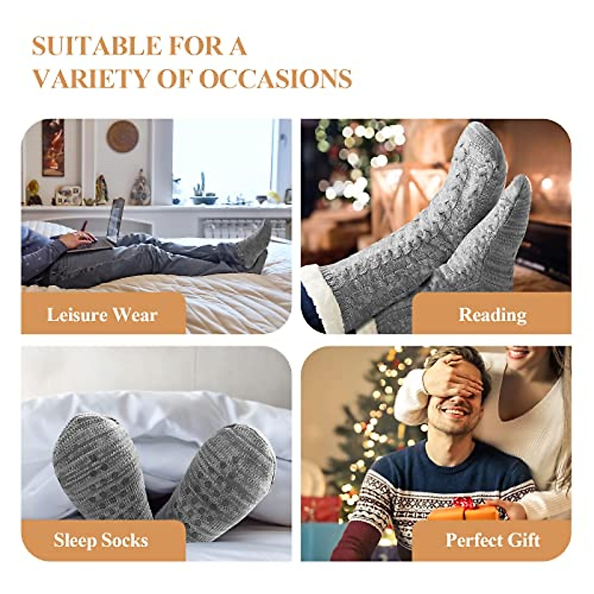 SIMIYA Mens Warm Fleece Lined Winter Soft Non Slip Socks Christmas Gift Mens Slipper Socks(Grey), Medium