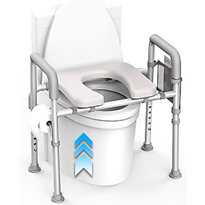 Agrish Raised Toilet Seat with Handles - Cozy Padded Elevated Medical Toilet Seat Riser, 350lb Adjustable Safety Assist Shower Chair for Elderly, Handicap, Pregnant - Gray