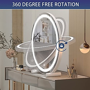 Hasipu Vanity Mirror with Lights, 18" LED Lighted Smart Touch Control 3 Colors Dimmable Round Mirror 360°Rotation White