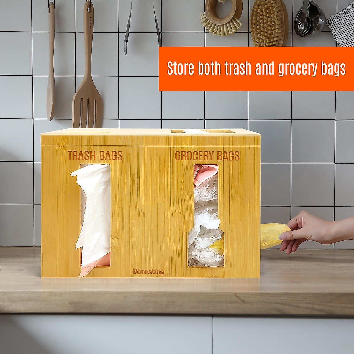 Libreshine Libreshine 2 In 1 Extra Large Trash Bag Organizer and Grocery Bag Holder, Fits Costco Large Garbage Bag Roll, Kitchen Bamboo Grocery Bag Dispenser Wall Mount