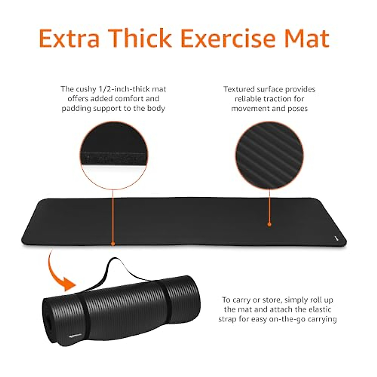 Amazon Basics Extra Thick Exercise Yoga Gym Floor Mat with Carrying Strap, 74 x 24 x .5 Inches, Black